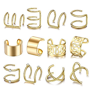 Cz Cuff Earrings Non-Piercing for Women Various Styles,12 Pairs Ear Clip 6 Styles Cartilage Clip On Earrings Set Fake Cartilage Earring Helix Jewelry (2 piece suit)