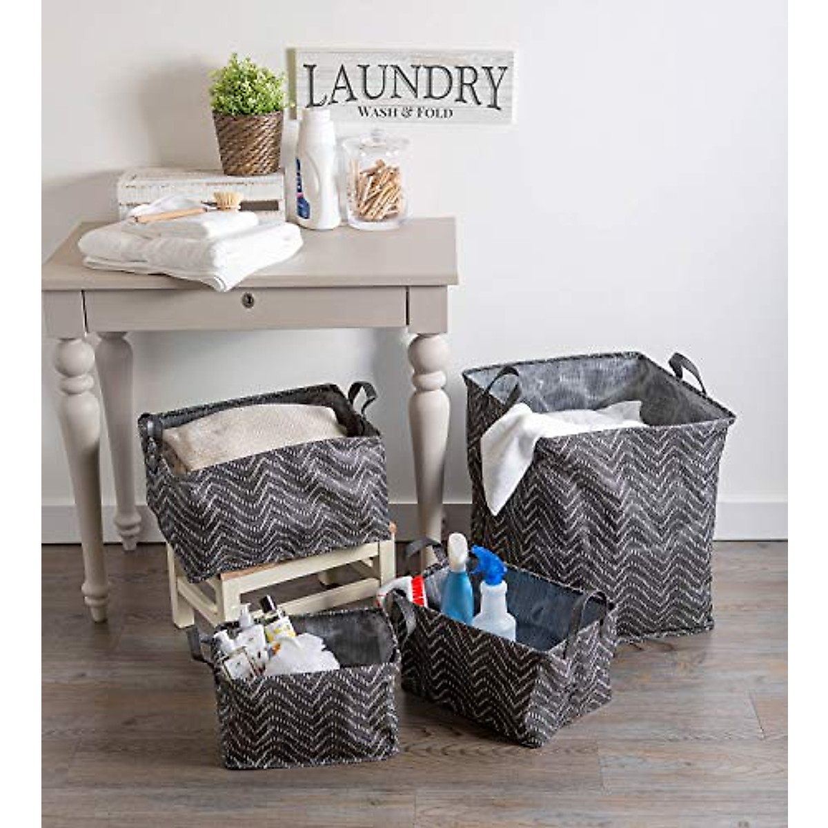 DII Collapsible Waterproof Chevron Laundry Bins, Medium Rectangle, Black/White, 2 Piece