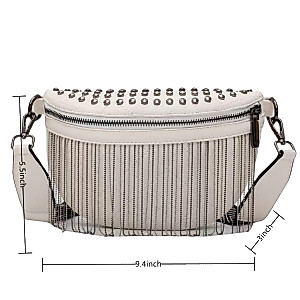 IAMUHI Women Vegan Leather Cross Chest Bag Rivets Fringed Shoulder Handbag Purse Waist Bag,White
