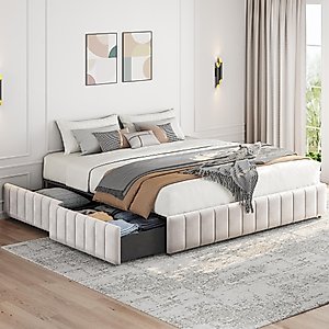 Yaheetech King Bed Frame Upholstered Platform Bed with 4 Storage Drawers, Large Storage Space/Strong Wooden Slats/Non-Slip and Noise-Free/No Fixed Headboard/No Box Spring Needed/Beige King Bed