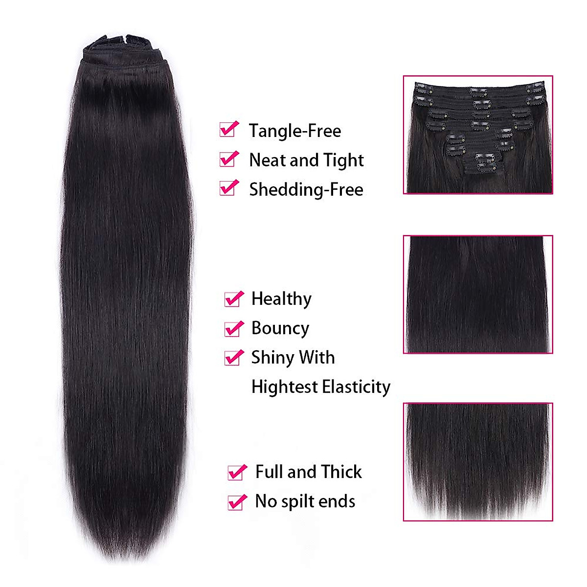 Nvnvdij Straight Clip in Hair Extensions Human Hair 8pcs Per Set with 18Clips Double Weft Clip in Human Hair Extensions Natural Black Color For Women (14 Inch, Straight Hair)