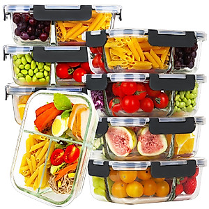 HOMBERKING 8 Pack Glass Meal Prep Containers 3 Compartment, 36oz Glass Food Storage Containers with Lids, Airtight Glass Lunch Bento Boxes, BPA-Free & Leak Proof (8 lids & 8 Containers) - Black