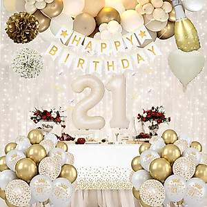 21st Birthday Decorations, White and Gold 21st Birthday Decorations for Her, Happy Birthday Banner Tablecloth Cake Topper Birthday Sash Crown Fringe Curtain Balloons for Girl 21st Birthday Party Decor