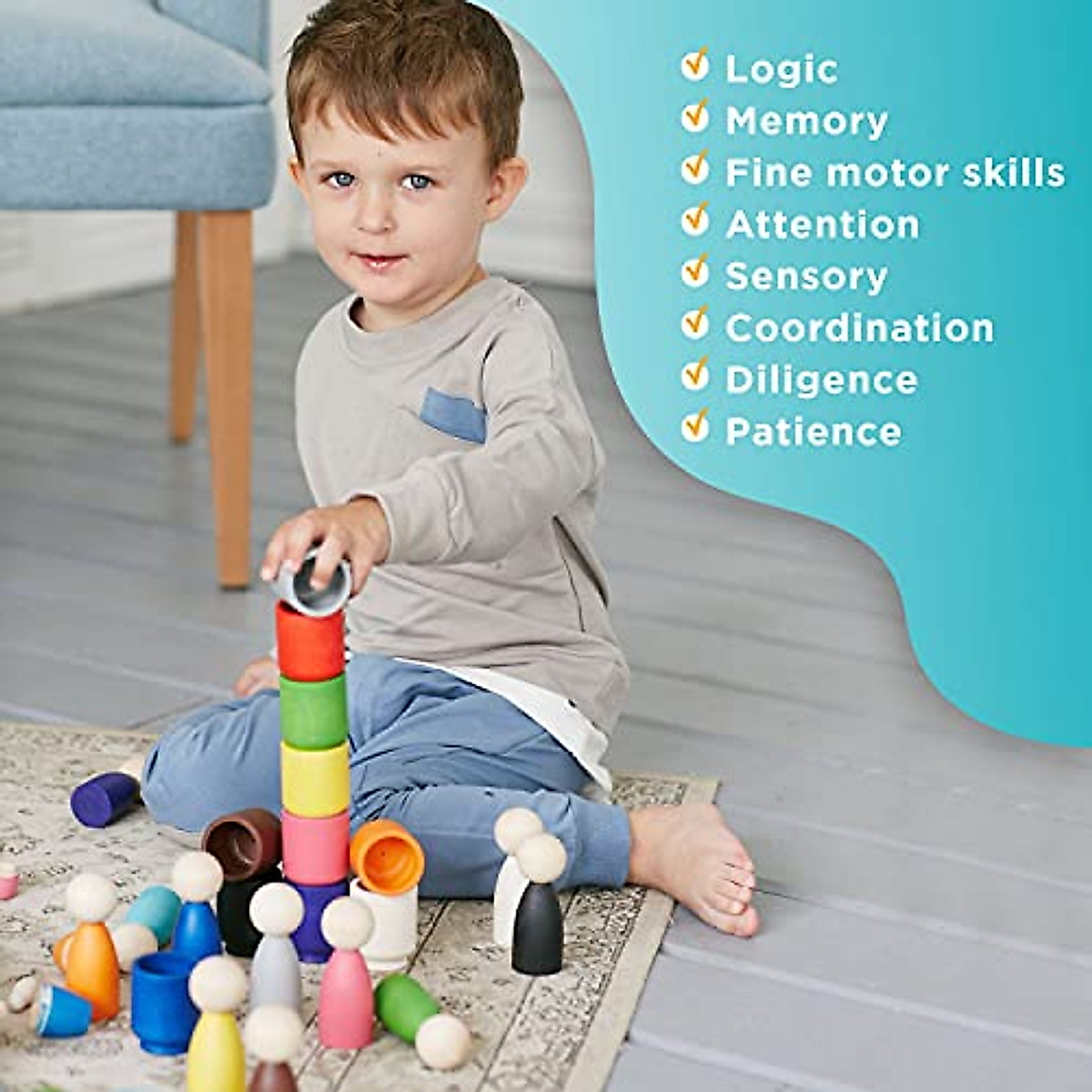 Ulanik Large Peg Dolls in Cups Toddler Montessori Toys for 3 Year Old + Kids Wooden Waldorf Dolls for Learning Color Sorting and Counting — 12 Gnomes, 3.35 in