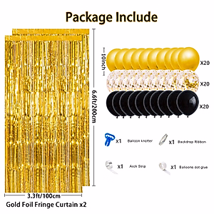 Avezano 66pcs Black and Gold Party Decorations, Gold Metallic Tinsel Foil Fringe Curtain Balloon Arch Kit Backdrop for Graduation Retirement Birthday Prom Party Decor Photoshoot Props Supplies