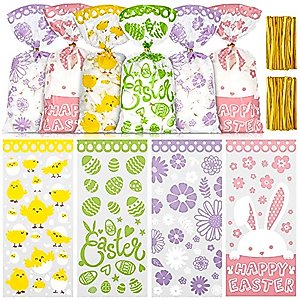 Whaline Easter Cellophane Party Bags 160pcs Bunny Easter Egg Treat Bags with 200pcs Gold Twist Ties Plastic Cello Candy Sweet Bags Gift Bags Chick Flower Bags for Easter Party Table Decor, 4 Designs