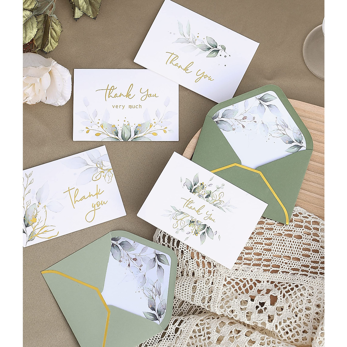 Winoo Design 100 PK Luxurious Gold Thank You Cards with Envelopes Bulk Sage Green - 5x3.5 Inches Wedding Thank You Notes Baby Shower Greenery Bridal Shower Small Business