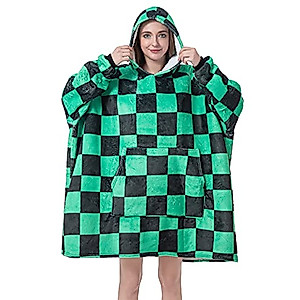 ARTHMOM Comfy Wearable Blanket Hoodie for Women Men Adult, Oversized Sherpa Fuzzy Fleece Sweatershirt Blanket with Giant hood and Pocket, One Size Fits All (Plaid-Green)
