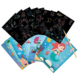 Mocossmy Mermaid Magic Scratch Art for Kids,9 Sheets Double Sided Mermaid Ocean Theme Rainbow Scratch Paper Scratch Art Crafts & Scratch Sticks for Kids Boys Girls Birthday Party Favor Supplies Games