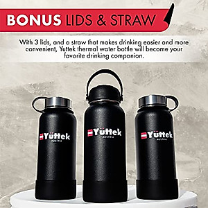 YUTTEK Insulated Water Bottle with Straw Lid-Stainless Steel Reusable waterbottle for Gym, Office, School, sports & Travel,Double Walled bottles with 3 Lids & straw for Men, Women, kids and adults