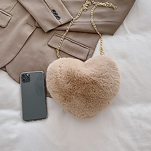 COSTYLE Valentine's Day Women Chain Plush Heart-shaped Bag Faux Fur Crossbody Bag Daily Cute Pouch Plush Wallet Red (Brown)