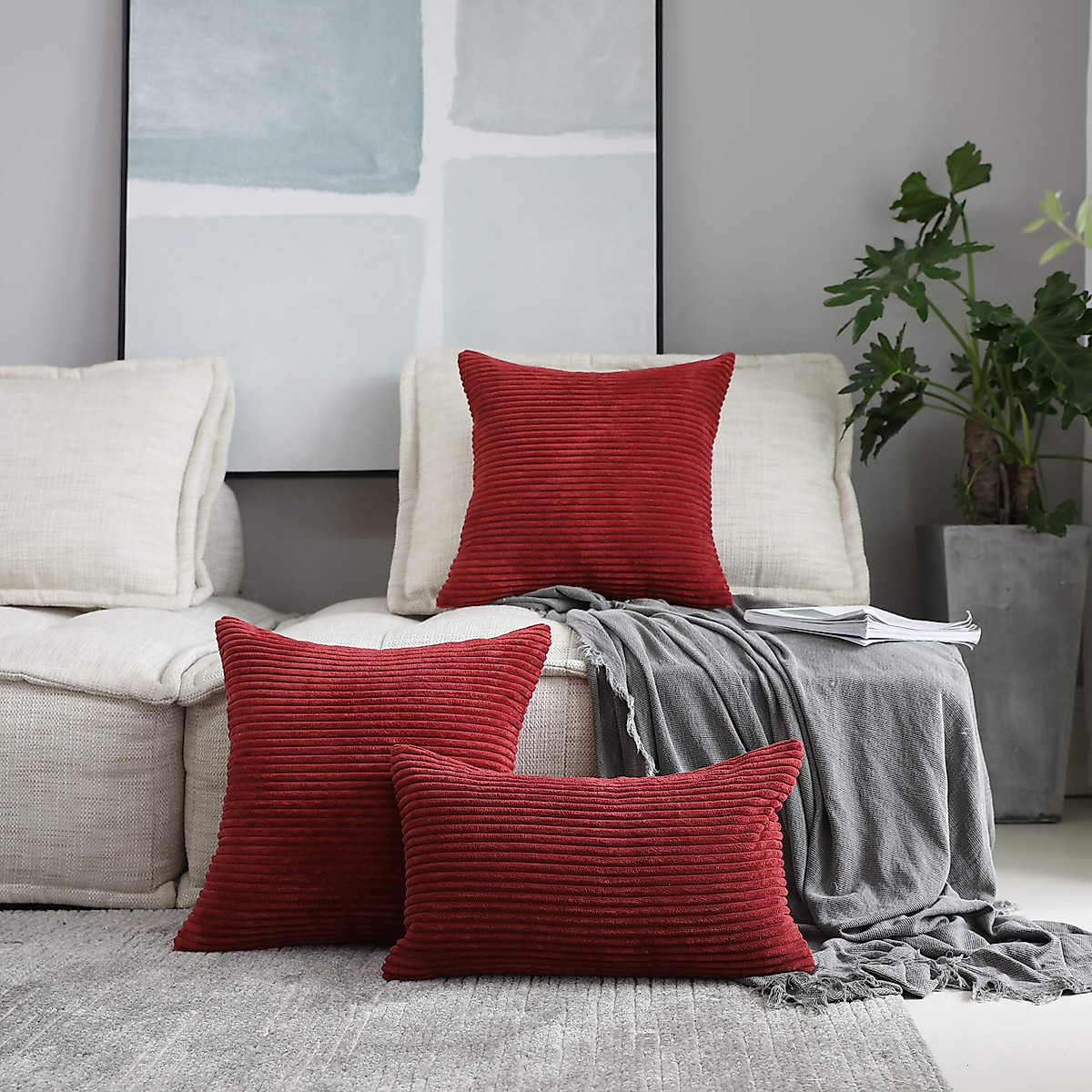 Home Brilliant 16x16 Pillow Covers Super Soft Corduroy Decorative Throw Pillows Cover 40x40 cm Dark Red Velvet Throw Pillows for Couch Sofa Living Room Bedroom, 16 x 16 Inch, Burgundy