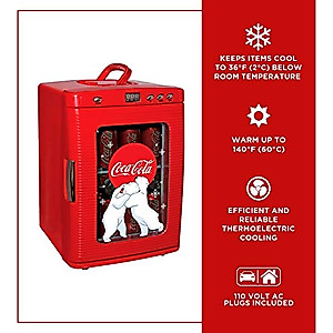 Coca-Cola Polar Bear 28 Can Cooler/Warmer w/ 12V DC and 110V AC Cords, 25L (28 qt) Portable Mini Fridge w/Display Window, Travel Refrigerator for Snacks Lunch Drinks, Desk Home Office Dorm, Red