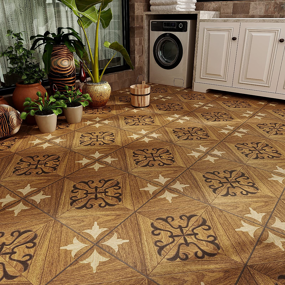 YENHOME Brown Peel and Stick Floor Tile Waterproof 12x12 in Kitchen Bathroom Floor Tile Vinyl Flooring Peel and Stick Flooring Roll Wood Planks 3 PCS Laminate Flooring Stick on Floor Tile Removable