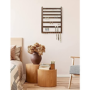 Mymazn Easy Assemble Solid Walnut Wood Earring Wall Holder Hanging Jewelry Organizer Necklace Holder Earring Hanger Wall Mount Jewelry Organizer for Necklaces Rings Scruncies Organization