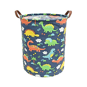 Foldable Laundry Hamper - JIAGAYI Large Round Waterproof Organizer with Handles,Home Storage,Room Toys Books Bin,Bedroom Clothes Nursery Basket.（Blue Dinosaurs）