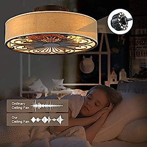 HUOGME 20" Caged Ceiling Fan with Light : Low Profile Fabric Farmhouse Remote Control Flush Mount Enclosed Ceiling Fan with Light for Bedroom Living Room Kitchen Indoor (Ginger)