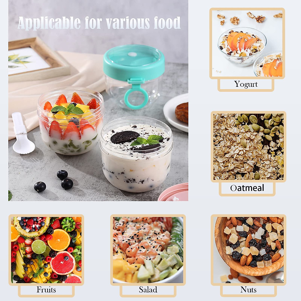 2PCS Overnight Oat Containers with Lids and Spoons, 20oz Portable Plastic Overnight Oats Jars, Leak-proof Breakfast On The Go Cups, Yogurt, Cereal, Milk, Salad Storage Container, Dishwasher Safe