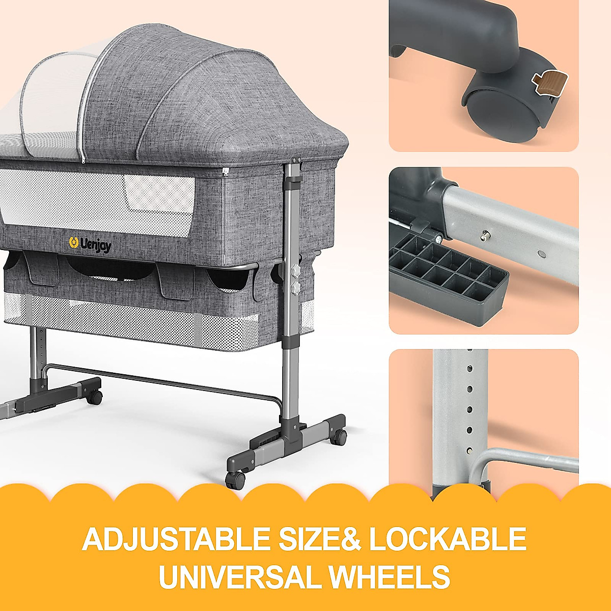 Uenjoy Baby Bassinet, Bedside Sleeper,Foldable Baby Bed to Bed, Adjustable Portable Bed for Infant/Baby/Newborn,with Mosquito Nets, Large Storage Bag, Comfortable Mattresses, Lockable Wheels,Gray