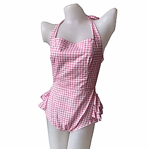 Haian ABDLPrint Cotton Snap Through Crotch Ruffle Rhumba Romper (Large, Pink Gingham Print Cotton)
