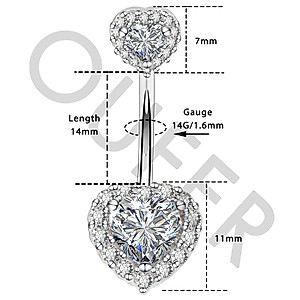 OUFER 14mm Double Heart Cubic Zirconia Navel Belly Button Ring Surgical Steel Piercing Jewelry