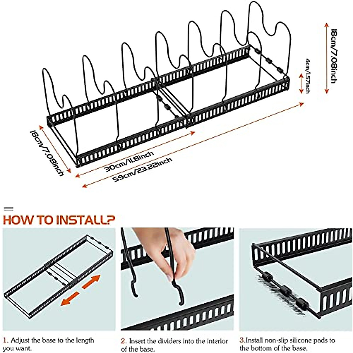Daddynme Expandable Pot and Pan Organizers Rack, 10+ Pans and Pots Lid Organizer Rack Holder, Kitchen Cabinet Pantry Bakeware Organizer Rack Holder with 10 Adjustable Compartments