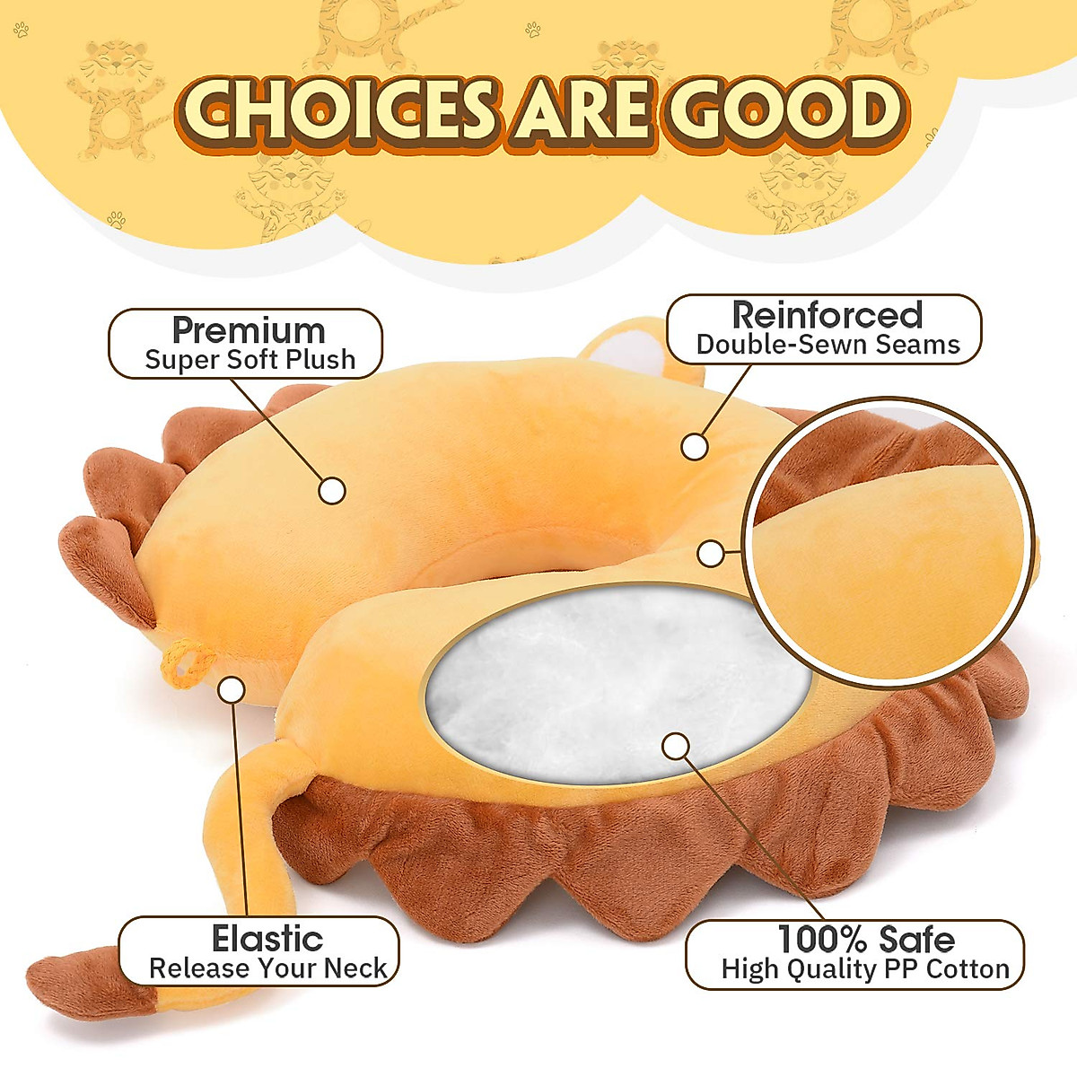 H HOMEWINS Travel Pillow for Kids Toddlers - Soft Neck Head Chin Support Pillow,Cute Animal in Any Sitting Position for Airplane,Car,Train,Machine Washable,Children Gifts(Lion)