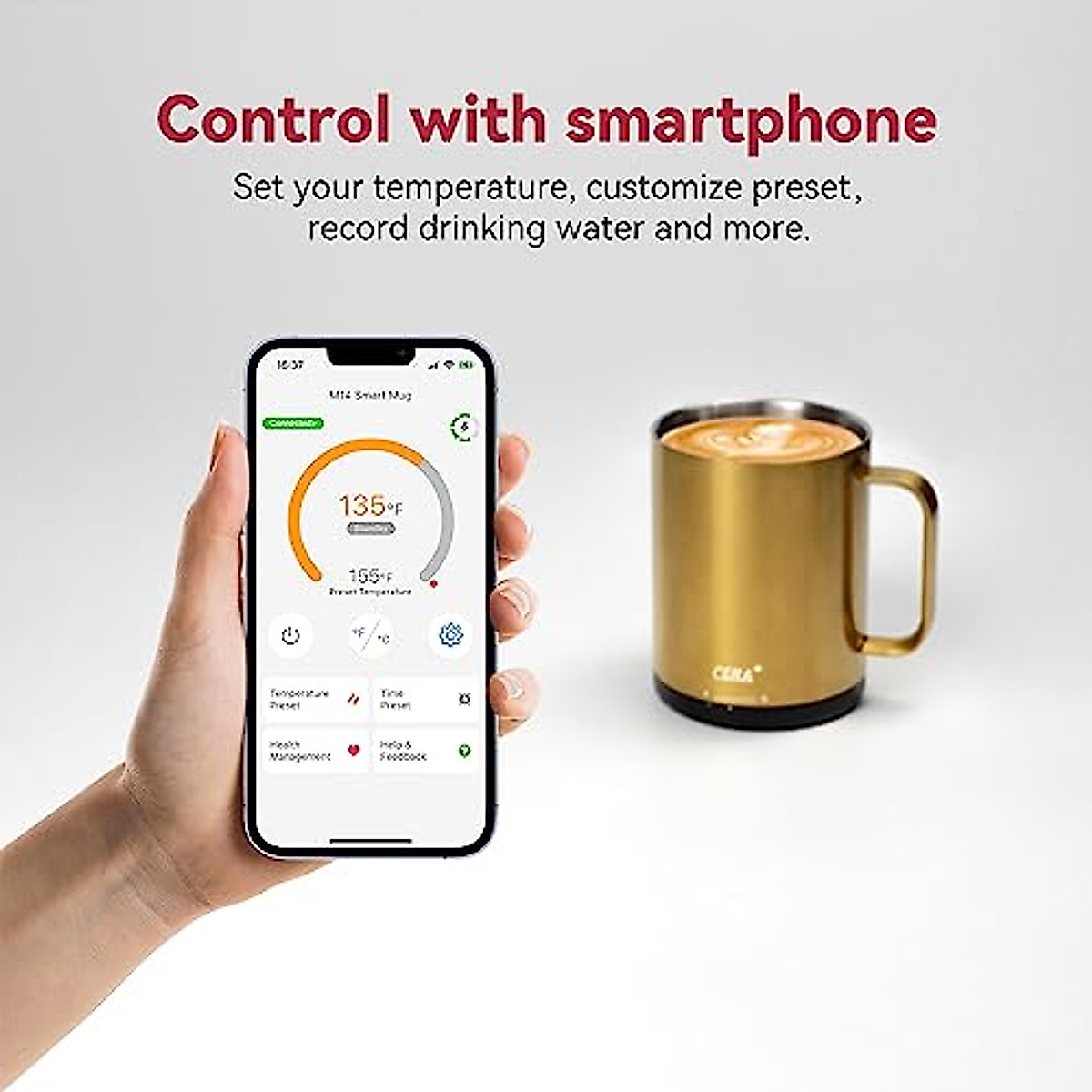 CERA+ Temperature Controlled Smart Mug 2, Self-Heating Coffee Mug with Lid, 90 Minutes Battery Life, APP or Manual Control (Gold - 14 oz)