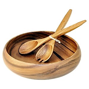 PACIFIC MERCHANTS Acaciaware Acacia Wood 10" x 4" Round, Sustainable, Eco-Friendly, Salad Bowl with Salad Servers, Wooden Salad Bowl