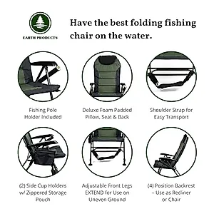 Earth Executive Folding Fishing Chair, Ultimate Comfort with Reclining Feature, Sleek Design, and Adjustable Extending Legs, Ideal for Fishing, Camping, Picnics, Sporting Events, and Tailgates