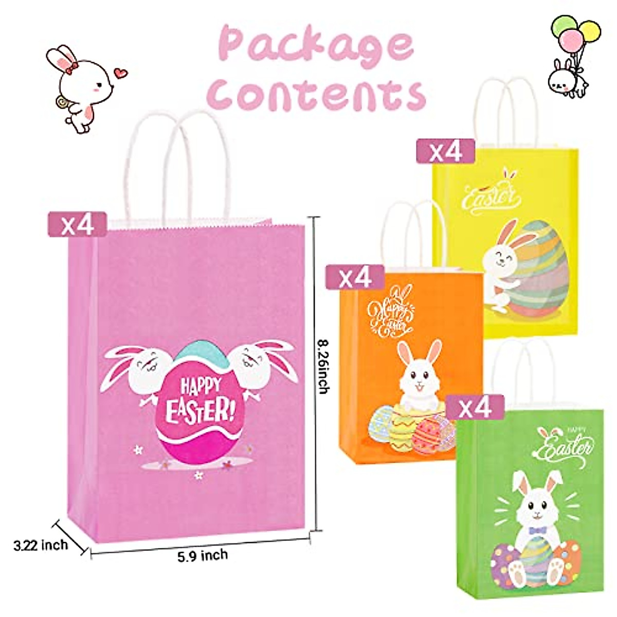 16Pcs Easter Gift Bags Bunny Paper Treat Bags with Handle Easter Egg Hunts Party Favors Cookie Candy Gift Wrapping, 4 Styles Easter Basket
