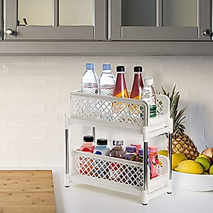 Frcctre 2 Tier Under Sink Cabinet Organizer with Sliding Storage Drawer, White Storage Organizer Baskets with Pull Out Drawers for Kitchen, Countertop, Pantry, Under The Sink, Desktop