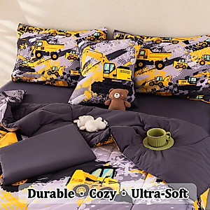 ASKOTU Truck Twin Bedding Set for Boys, 6 Pcs Kids Construction Truck Comforter Sets with Sheets, Construction Excavator Twin Boys Bedding Sets