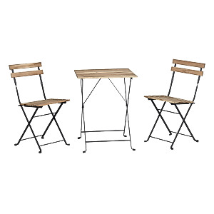 Lavish Home (Brown Folding Patio Bistro Set – 3-Piece Acacia Wood and Steel Café Table and Chairs for Porch, Deck, Garden, or Balcony Furniture