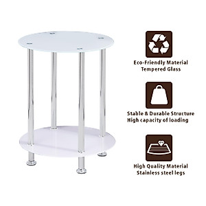 ROOIOME 2-Tier 15.75" Glass Round End Table, Glass Sofa Side Table with Storage Shelf for Living Room, Bedroom, White