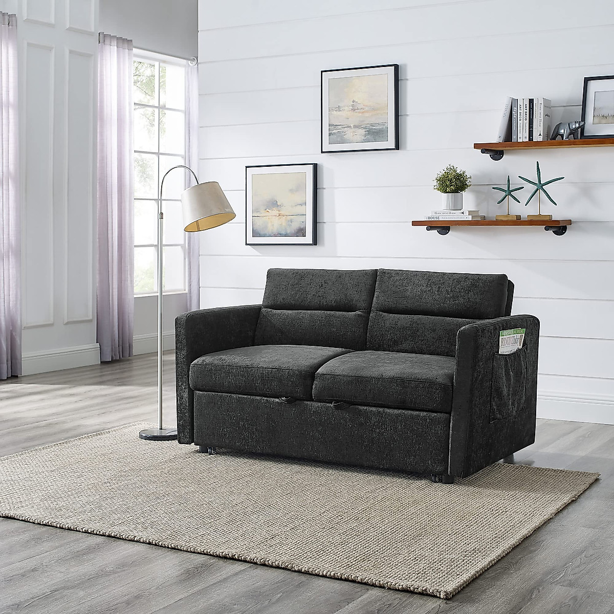 LIADTOP 54.5'' Modern Convertible Sleeper Two Side Pockets, Grey Fabric w/Pull-Out Bed Loveseat Sofa Couch and Adjsutable Back for Living Room,Black
