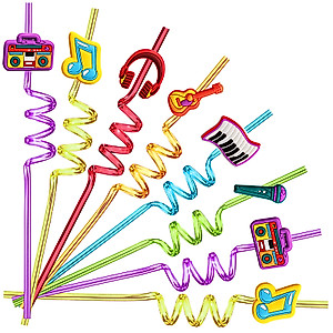 24 Music Drinking Straws for Kids Tik Tok Rockstar Rock N Roll Birthday Party Supplies Favors with 2 PCS Cleaning Brushes