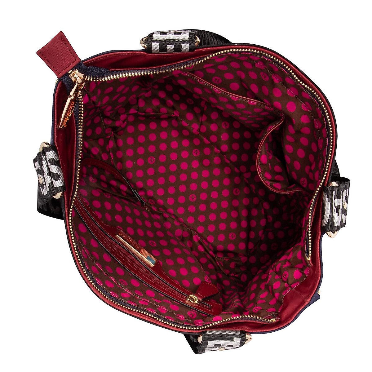 Nicole Lee Nylon Tonight For You Medium Handbag, Back Zip Pocket, Optional Crossbody Strap, Paris Evening Fashion Print, Navy Blue