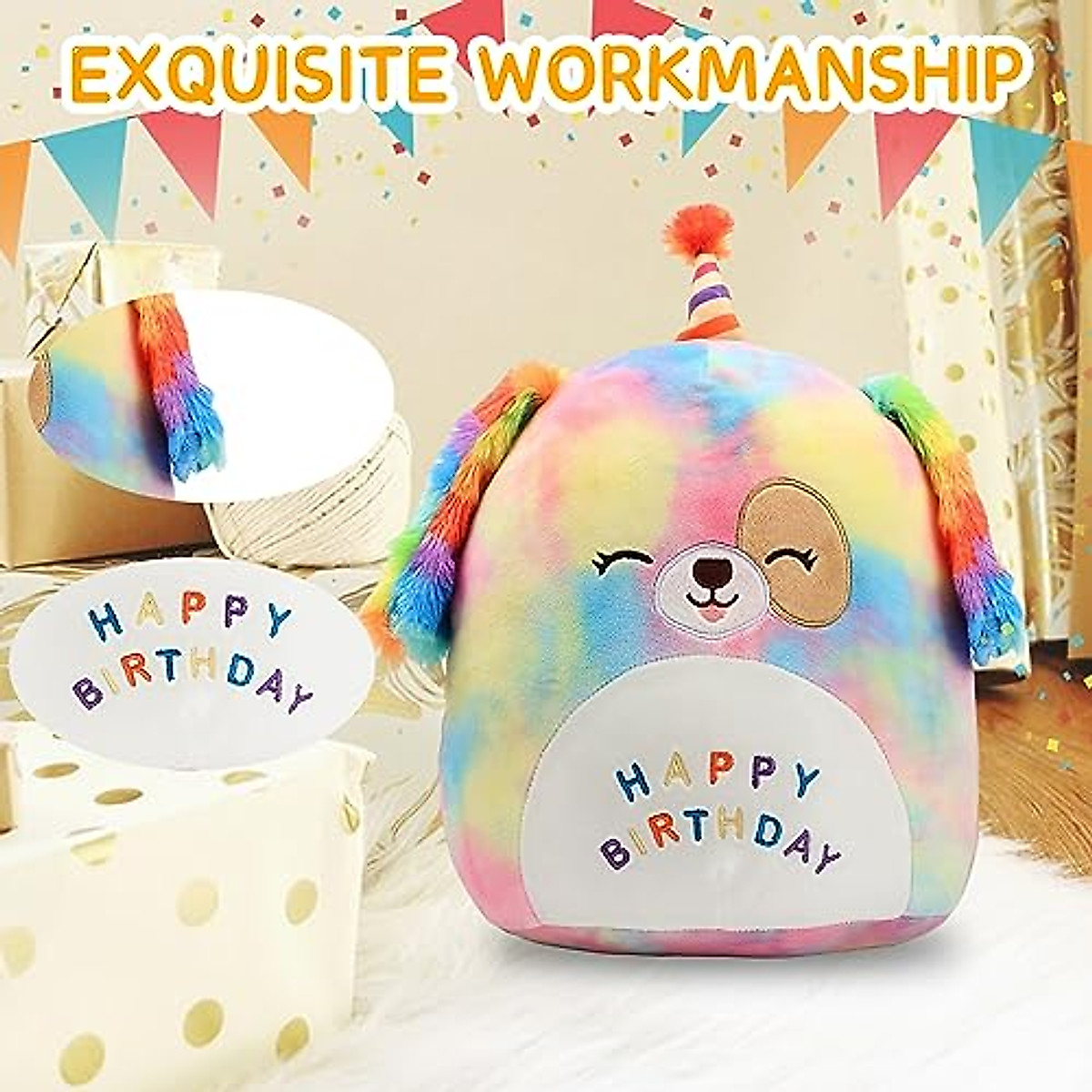 LSYEE 8’‘ Happy Birthday Dog Plush Rainbow Birthday Dog Plush Pillow Soft Puppy Plush Toy Cute Dog Stuffed Animal Home Room Decoration Birthday Gift for Kids Toddlers