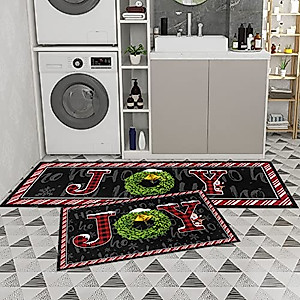 Miaklek Christmas Kitchen Mats Anti Fatigue 1 Piece, Kitchen Mats for Floor, Comfort Mat for Kitchen Floor, Non Skid Mats for Kitchen,Office,Sink,Oven,Laundry, Red and Black Plaid Christmas Joy
