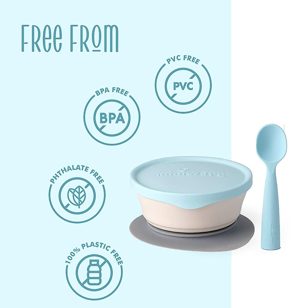 Miniware First Bites Set with Cereal Bowl, Detachable Suction Foot, and Training Spoon for Baby Toddler Kids - Promotes Self Feeding | Eco-Friendly and BPA Free | Dishwasher Safe (Vanilla & Aqua)