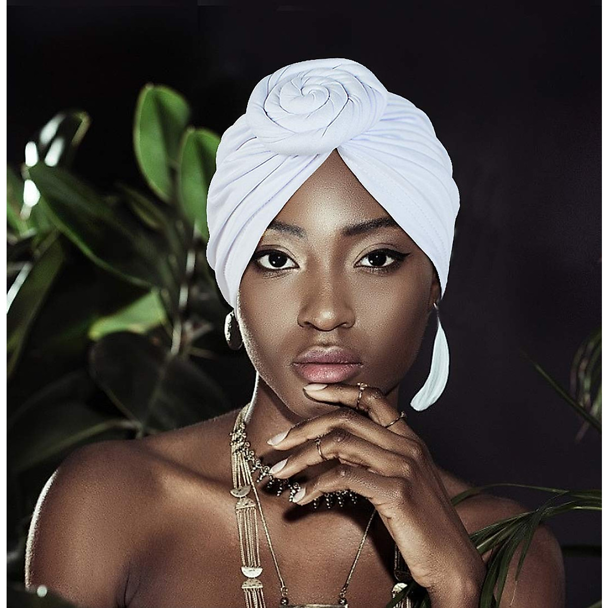 keland 3 Pieces African Pattern Women Turbans Hats Flower Knot Headwrap Pre-Tied Cap (Black&White&Camel)