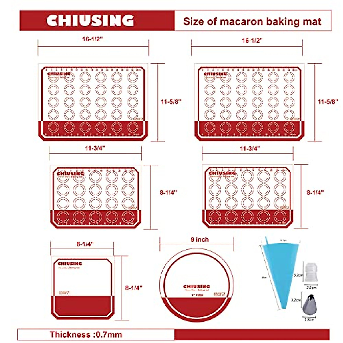 Silicone macaron baking mats with measurements,6 piece BPA free macaron silicone bake pastry mat for cake,cookie,pizza and macaron