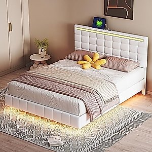 Linique Queen Size Wooden Floating Bed Frame with LED Lights and USB Charging,Modern PU Upholstered Platform LED Bed Frame with Headboard,White