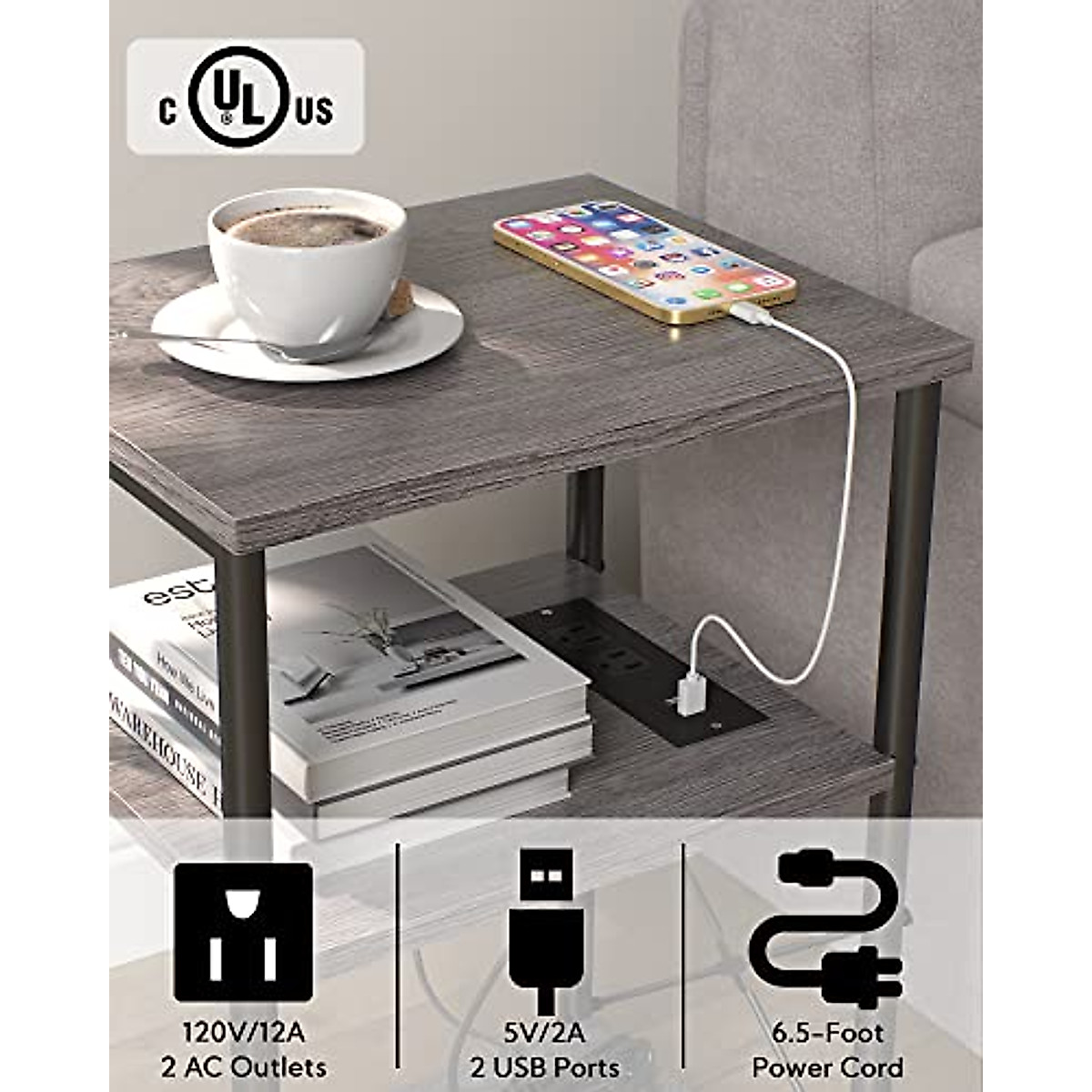 Yusong Small Side Table with Charging Station, Slim End Table for Narrow Space in Living Room,3 Tier Skinny Nightstand Bedside Table with USB Ports & Outlets for Bedroom, Grey