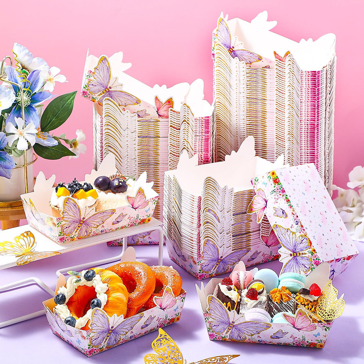Fulmoon 200 Pack Butterfly Birthday Party Supplies Butterfly Paper Food Trays Bulk Disposable Food Boat Popcorn Nacho Snack Serving Trays for Butterfly Girl Party Favors Baby Shower Decor