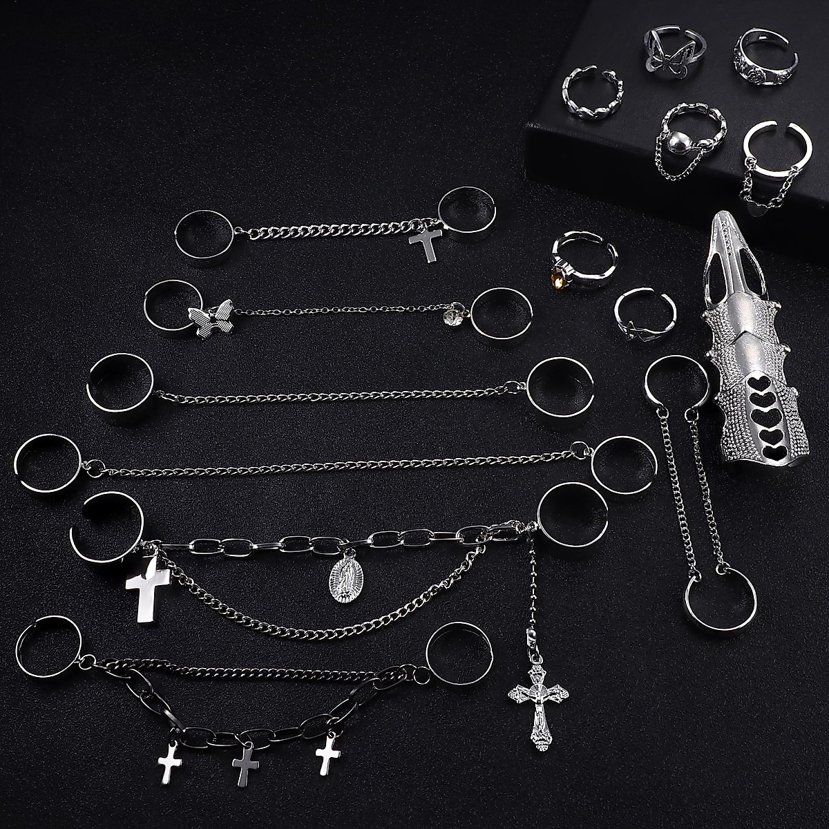 Ubjuliwa Gothic Punk Chain Finger Rings Set 15Pcs Adjustable Stackable Vintage Silver Emo Rings for Women Men Cross Butterfly Knuckle Rings
