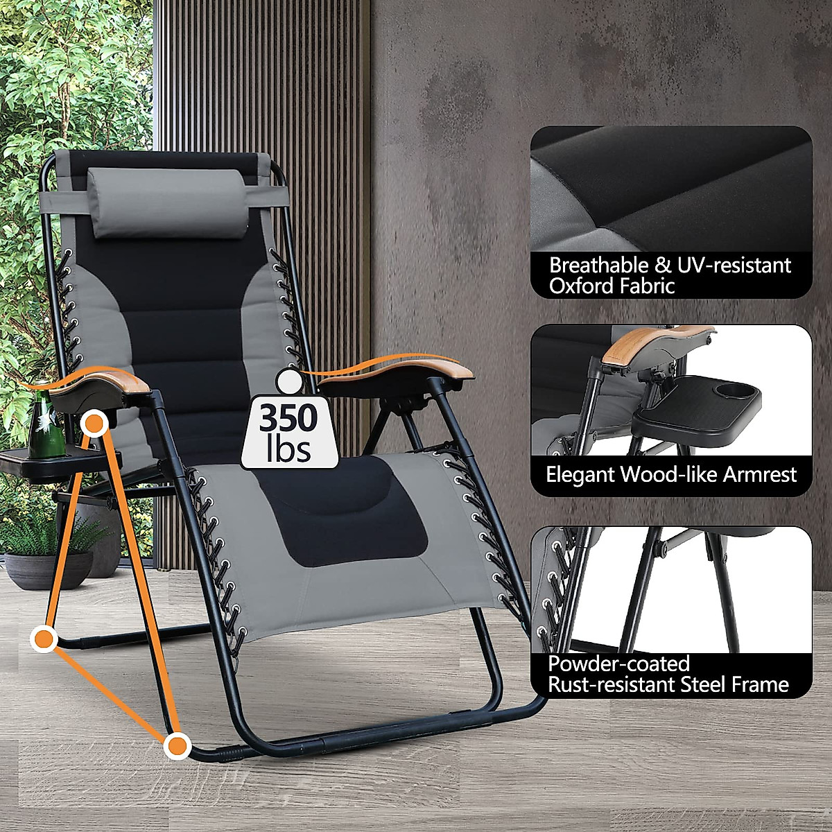 PHI VILLA XL Oversize Zero Gravity Chair Padded Recliner Oversize Lounge Chair with Free Cup Holder,Support 350 LBS (Grey)