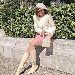 URBAN REVIVO Womens Tweed Blazers Jacket Cropped Long Sleeve Casual Suits Button Down Outwear with Pocket for Work White, X-Small