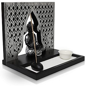 Basic Fundamentals Zen Garden Candle Holder Home Decor - Buddha Incense Stick Holder Office Desk Accessories - Zen Garden Sand Office Decor - Buddha Table Top - 8.75" x6.5”x 8.75”